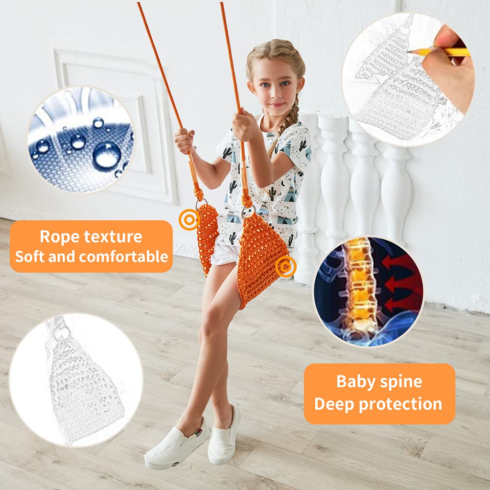 ROPECUBE Hand-Knitting Kids Swing, Indoor Outdoor Portable Tree Swing Seat,Adjustable Ropes, with Hanging Strap and Snap Hook for Camping Hiking Backyard Playset and Playroom, Easy Install(Orange)