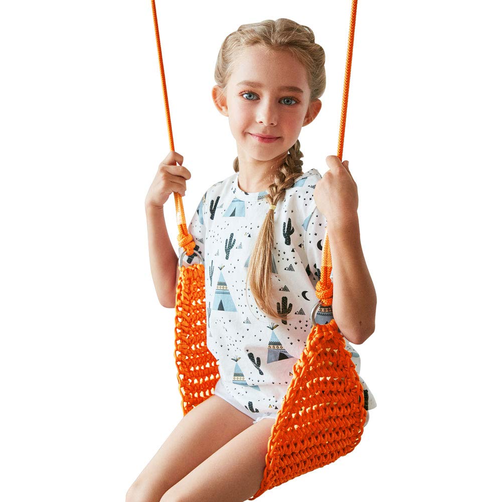 ROPECUBE Hand-Knitting Kids Swing, Indoor Outdoor Portable Tree Swing Seat,Adjustable Ropes, with Hanging Strap and Snap Hook for Camping Hiking Backyard Playset and Playroom, Easy Install(Orange)