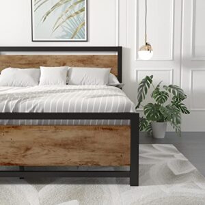 Catrimown Queen Platform Bed Frame with Wooden Headboard and Footboard, Metal Bed Frame Queen Size with Storage, Wooden Bed Frame, Strong Slat Support/No Box Spring Needed/Easy Assembly, Black