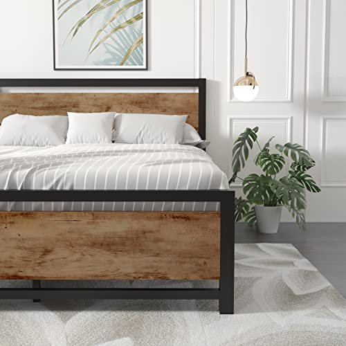 Catrimown Queen Platform Bed Frame with Wooden Headboard and Footboard, Metal Bed Frame Queen Size with Storage, Wooden Bed Frame, Strong Slat Support/No Box Spring Needed/Easy Assembly, Black