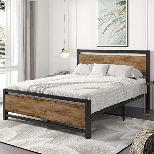 Catrimown Queen Platform Bed Frame with Wooden Headboard and Footboard, Metal Bed Frame Queen Size with Storage, Wooden Bed Frame, Strong Slat Support/No Box Spring Needed/Easy Assembly, Black