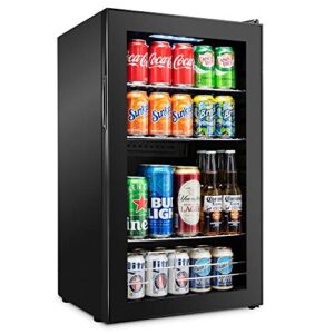 ivation 126 can beverage refrigerator | freestanding ultra cool mini drink fridge | beer, cocktails, soda, juice cooler for home & office | reversible glass door & adjustable shelving - black