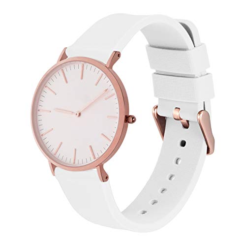 WOCCI 18mm Silicone Watch Band with Rose Gold Buckle, Soft Rubber Replacement Straps with Quick Release (White)