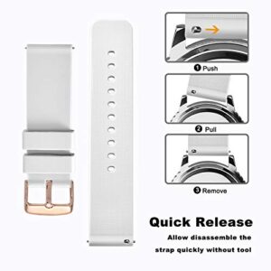 WOCCI 18mm Silicone Watch Band with Rose Gold Buckle, Soft Rubber Replacement Straps with Quick Release (White)