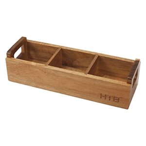 htb small tea bag box wooden, 3 compartments acacia wood tea bag chest with handle, mini countertop divided storage container for beverage supplies, sugar, sweeteners, individual packets