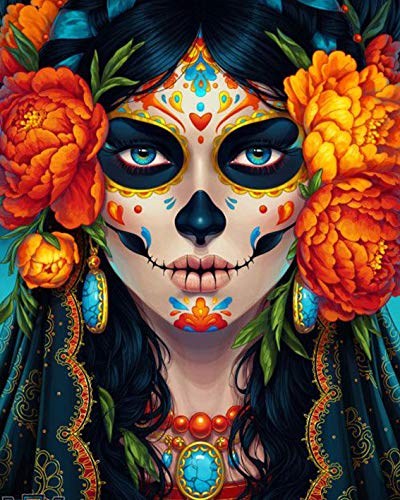 Day of the Dead Paintings Traditional Festival Mexico Art Digital Painting Paint by Numbers Kit for Adults Acrylic Oil Painting Set Painting for Beginners Skull and Flowers Drawing(16''Wx20''H)