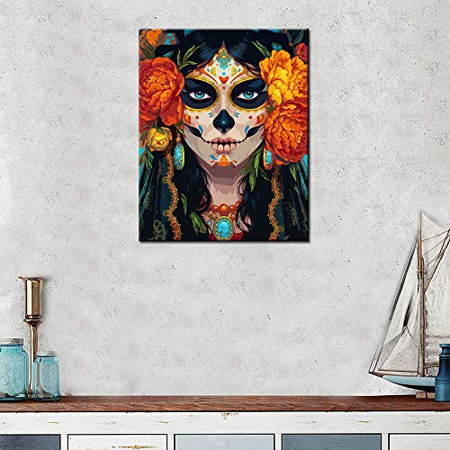 Day of the Dead Paintings Traditional Festival Mexico Art Digital Painting Paint by Numbers Kit for Adults Acrylic Oil Painting Set Painting for Beginners Skull and Flowers Drawing(16''Wx20''H)