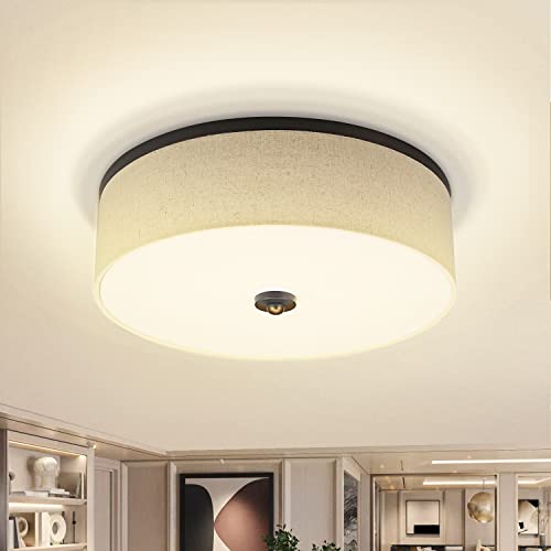 ASD 15" LED Flush Mount Ceiling Light, 3 CCT 3000K/ 4000K/ 5000K Adjustable, Dimmable Drum Light Fixture, Linen Fabric Shade, Oil Rubbed Bronze, 23W (185W Equivalent), 1400LM, Energy Star&ETL