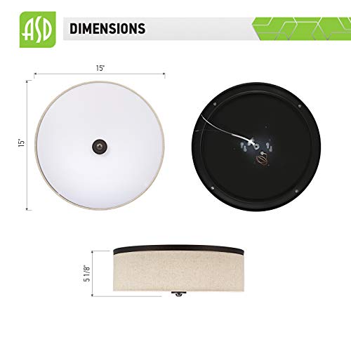 ASD 15" LED Flush Mount Ceiling Light, 3 CCT 3000K/ 4000K/ 5000K Adjustable, Dimmable Drum Light Fixture, Linen Fabric Shade, Oil Rubbed Bronze, 23W (185W Equivalent), 1400LM, Energy Star&ETL