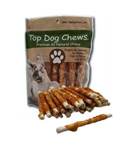 top dog chews - all natural chicken wrapped rawhide dog twists (50 pack), natural chew sticks for healthy teeth and happy dogs, delicious dog treats for canine dental care