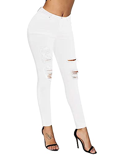 roswear Women's Ripped Mid Rise Destroyed Skinny Jeans White L