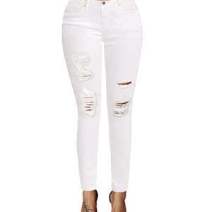 roswear Women's Ripped Mid Rise Destroyed Skinny Jeans White M