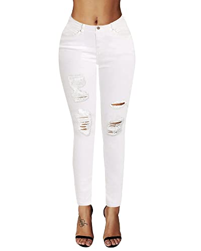 roswear Women's Ripped Mid Rise Destroyed Skinny Jeans White M