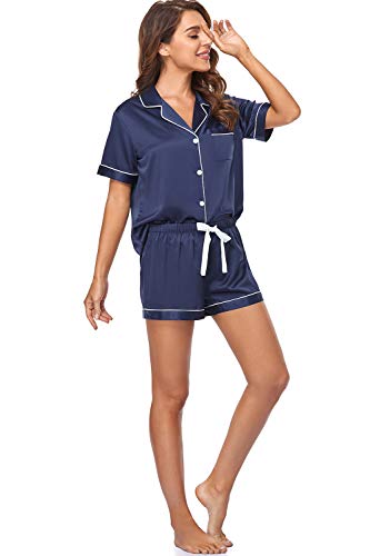 Serenedelicacy Women's Satin Pajama Set 2-Piece Sleepwear Loungewear Button Down Short Sleeve PJ Set (Medium, Navy Blue)