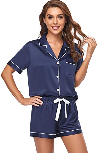 Serenedelicacy Women's Satin Pajama Set 2-Piece Sleepwear Loungewear Button Down Short Sleeve PJ Set (Medium, Navy Blue)