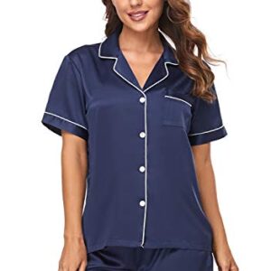 Serenedelicacy Women's Satin Pajama Set 2-Piece Sleepwear Loungewear Button Down Short Sleeve PJ Set (Medium, Navy Blue)