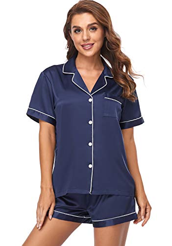 Serenedelicacy Women's Satin Pajama Set 2-Piece Sleepwear Loungewear Button Down Short Sleeve PJ Set (Medium, Navy Blue)