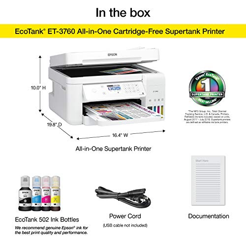 Epson EcoTank ET-3760 Wireless Color All-in-One Cartridge-Free Supertank Printer with Scanner, Copier, ADF and Ethernet. Full 1-Year Limited Warranty (Renewed Premium),White