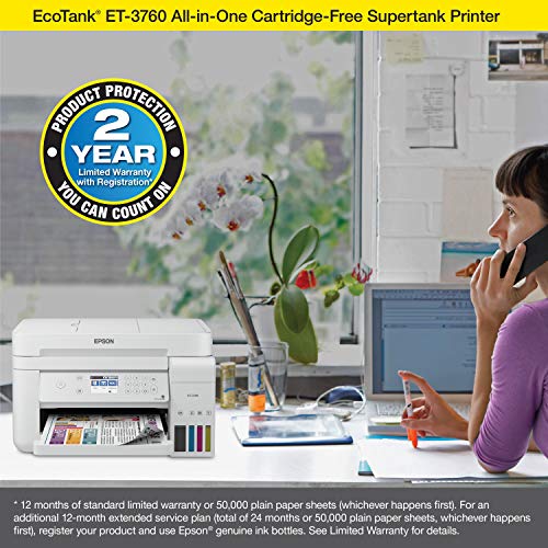 Epson EcoTank ET-3760 Wireless Color All-in-One Cartridge-Free Supertank Printer with Scanner, Copier, ADF and Ethernet. Full 1-Year Limited Warranty (Renewed Premium),White