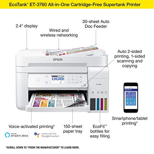 Epson EcoTank ET-3760 Wireless Color All-in-One Cartridge-Free Supertank Printer with Scanner, Copier, ADF and Ethernet. Full 1-Year Limited Warranty (Renewed Premium),White