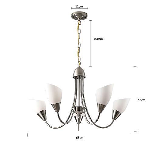 TFCFL Contemporary 5-Light Large Chandelier + Alabaster Glass Shades, Adjustable Chain, for Dining & Living Room, Bedroom, Kitchen and Foyer, Brushed Nickel Finish