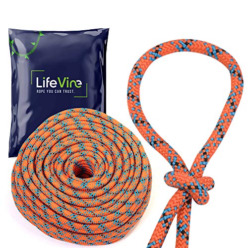 Arborist Tree Rope, Bull Rope, 18 KN, Static Rope, Tree Rope, 32 Strand, 1/2 Inch Diameter, 150 Foot, Double Braided, Orange, Blue, & Black