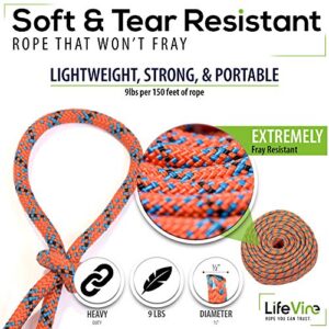 Arborist Tree Rope, Bull Rope, 18 KN, Static Rope, Tree Rope, 32 Strand, 1/2 Inch Diameter, 150 Foot, Double Braided, Orange, Blue, & Black