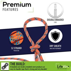 Arborist Tree Rope, Bull Rope, 18 KN, Static Rope, Tree Rope, 32 Strand, 1/2 Inch Diameter, 150 Foot, Double Braided, Orange, Blue, & Black