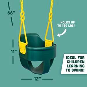 Premium High Back Full Bucket Toddler Swing Seat with Finger Grip, Plastic Coated Chains and Carabiners for Easy Install - Green - Squirrel Products