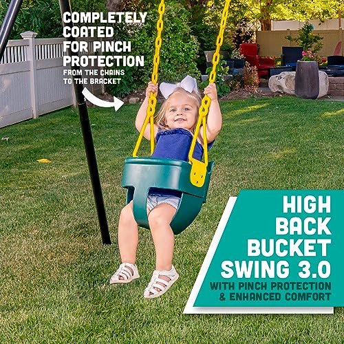 Premium High Back Full Bucket Toddler Swing Seat with Finger Grip, Plastic Coated Chains and Carabiners for Easy Install - Green - Squirrel Products