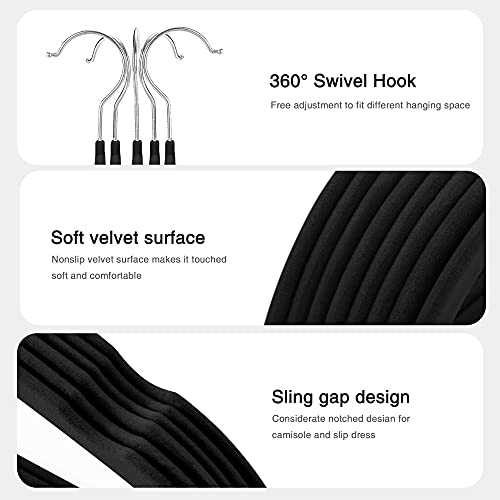 Cozymood Luxury Black Velvet Hangers 60 Pack, Premium Clothes Hangers Non-Slip Felt Hangers, Strong Black Hangers Heavy Duty Coat Hangers, Sturdy Suit Hangers Space Saving, No Shed, 360 Rotating Hook