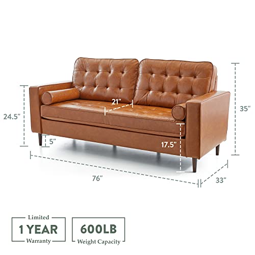 Edenbrook Lynnwood Upholstered Sofa - Couches for Living Room - Camel Faux Leather Couch - Small Couch - Living Room Furniture - Includes Bolster Pillows