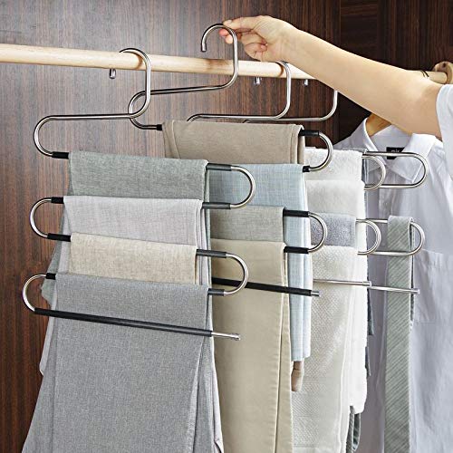 devesanter Pants Hangers Space Save Non-Slip 4 Pack S-Shape Trousers Hangers Stainless Steel Clothes Hangers Closet Storage Organizer for Pants Jeans Scarf Hanging Black