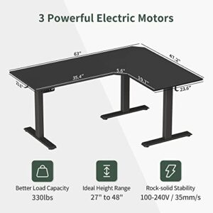 FEZIBO Triple Motor L-Shaped Electric Standing Desk, 63 Inches Height Adjustable Stand up Corner Desk, Sit Stand Workstation with Splice Board, Black Frame/Black Top