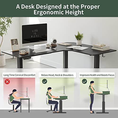 FEZIBO Triple Motor L-Shaped Electric Standing Desk, 63 Inches Height Adjustable Stand up Corner Desk, Sit Stand Workstation with Splice Board, Black Frame/Black Top