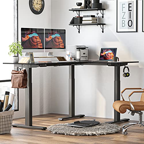 FEZIBO Triple Motor L-Shaped Electric Standing Desk, 63 Inches Height Adjustable Stand up Corner Desk, Sit Stand Workstation with Splice Board, Black Frame/Black Top