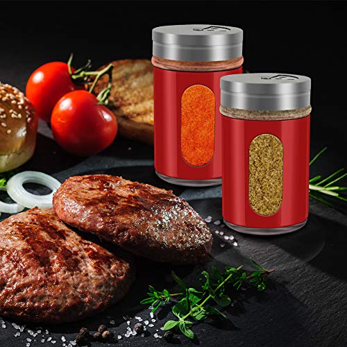 Accmor 2pcs Salt and Pepper Shakers,Stainless Steel Shaker for Salt Powder Sugar Cinnamon Pepper, Spice Dispenser with Adjustable Pour Holes,Red