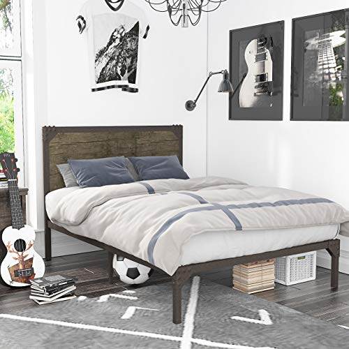 Einfach Twin Metal Platform Bed Frame with Wooden Rivet Headboard/Mattress Foundation with 13 Strong Steel Slats Support/No Box Spring Needed/Single Platform Bed for Kid Boy Adult/Easy Assembly/Brown