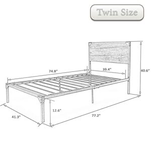 Einfach Twin Metal Platform Bed Frame with Wooden Rivet Headboard/Mattress Foundation with 13 Strong Steel Slats Support/No Box Spring Needed/Single Platform Bed for Kid Boy Adult/Easy Assembly/Brown