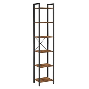 vasagle 6-tier tall bookshelf, narrow bookcase with steel frame, skinny book shelf for living room, home office, study, 11.8 x 15.7 x 73.8 inches, industrial style, rustic brown and black ulls101b01