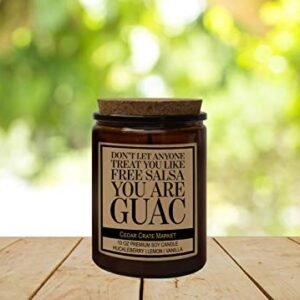 Don't Let Anyone Treat You Like Free Salsa You are Guac, Kraft Label Scented Soy Candle, Huckleberry, Lemon, Vanilla, Glass Jar Candle, Made in The USA, Decorative Candles, Funny and Sassy (Amber)