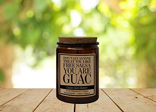 Don't Let Anyone Treat You Like Free Salsa You are Guac, Kraft Label Scented Soy Candle, Huckleberry, Lemon, Vanilla, Glass Jar Candle, Made in The USA, Decorative Candles, Funny and Sassy (Amber)