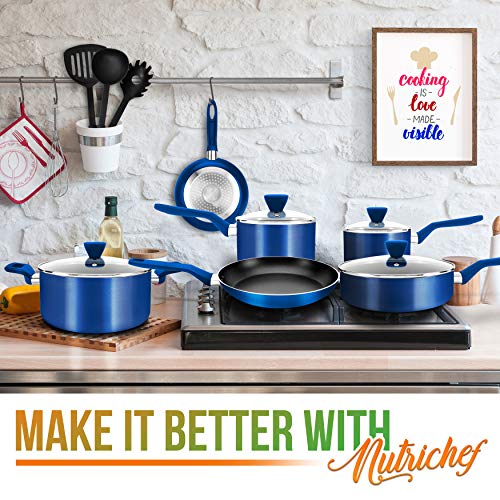 NutriChef 13 Pcs. Nonstick Kitchen Cookware PTFE/PFOA/PFOS-Free Heat Resistant Kitchenware Set w/Saucepan, Frying Pans, Cooking Pots, Casserole, Lids, & Utensils, Blue NCCWA13BU