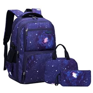 JiaYou Space Pattern Galaxy Backpack Boys Primary Junior Middle School Daypack Men High Middle School Laptop Bag(Star-Blue,3Pcs Backpack Set)