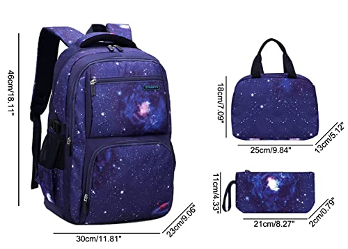 JiaYou Space Pattern Galaxy Backpack Boys Primary Junior Middle School Daypack Men High Middle School Laptop Bag(Star-Blue,3Pcs Backpack Set)