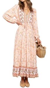 r.vivimos women's long sleeve cotton v-neck button up floral print boho flowy midi dresses (medium, peach)