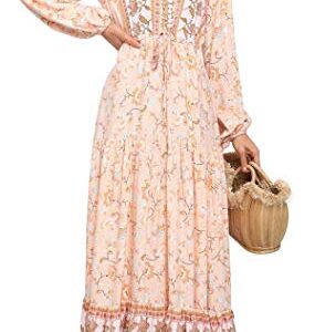 R.Vivimos Women's Long Sleeve Cotton V-Neck Button Up Floral Print Boho Flowy Midi Dresses (Medium, Peach)