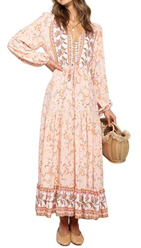 R.Vivimos Women's Long Sleeve Cotton V-Neck Button Up Floral Print Boho Flowy Midi Dresses (Medium, Peach)