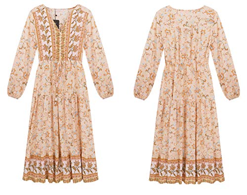 R.Vivimos Women's Long Sleeve Cotton V-Neck Button Up Floral Print Boho Flowy Midi Dresses (Medium, Peach)