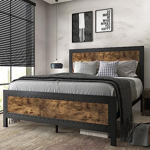 SHA CERLIN Grey Metal Bed Frame Queen/Industrial Wooden Platform Bed with Rivet Headboard/No Box Spring Needed